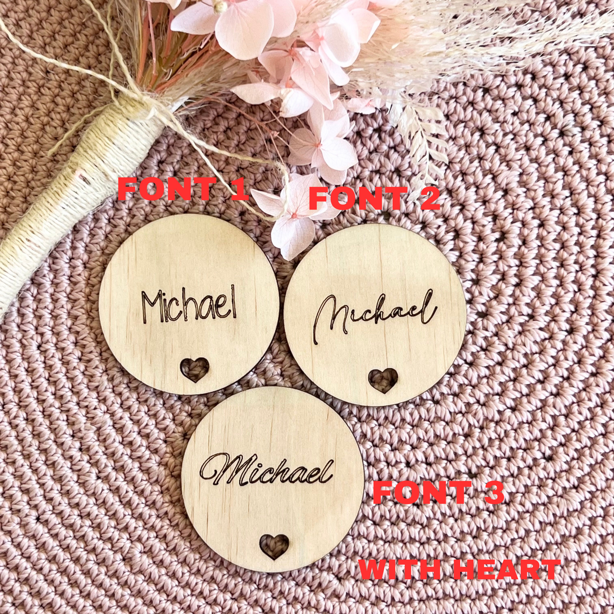 Rustic wood round wedding table place cards engraved – Engrave It Studio