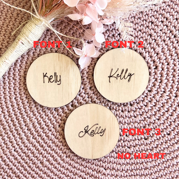 Rustic wood round wedding table place cards engraved – Engrave It Studio