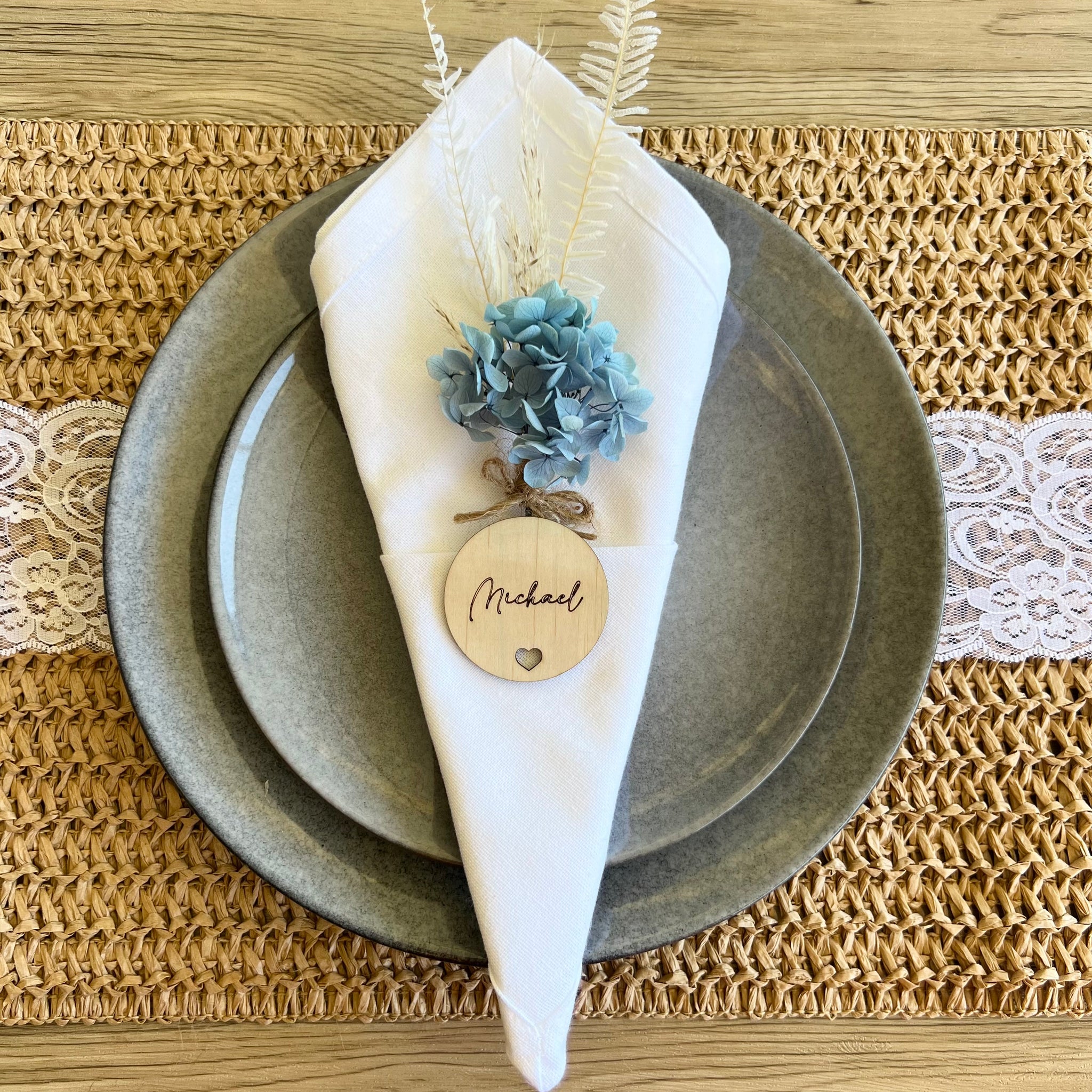 Rustic wood round wedding table place cards engraved – Engrave It Studio