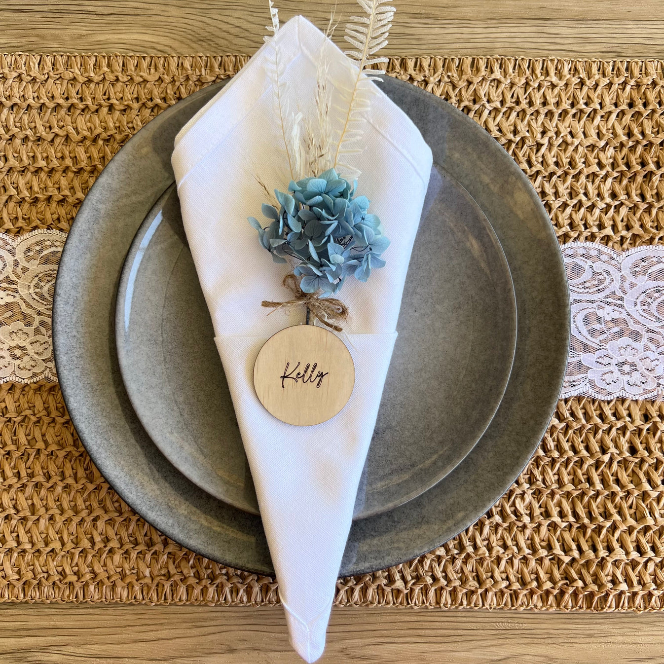 Rustic wood round wedding table place cards engraved – Engrave It Studio