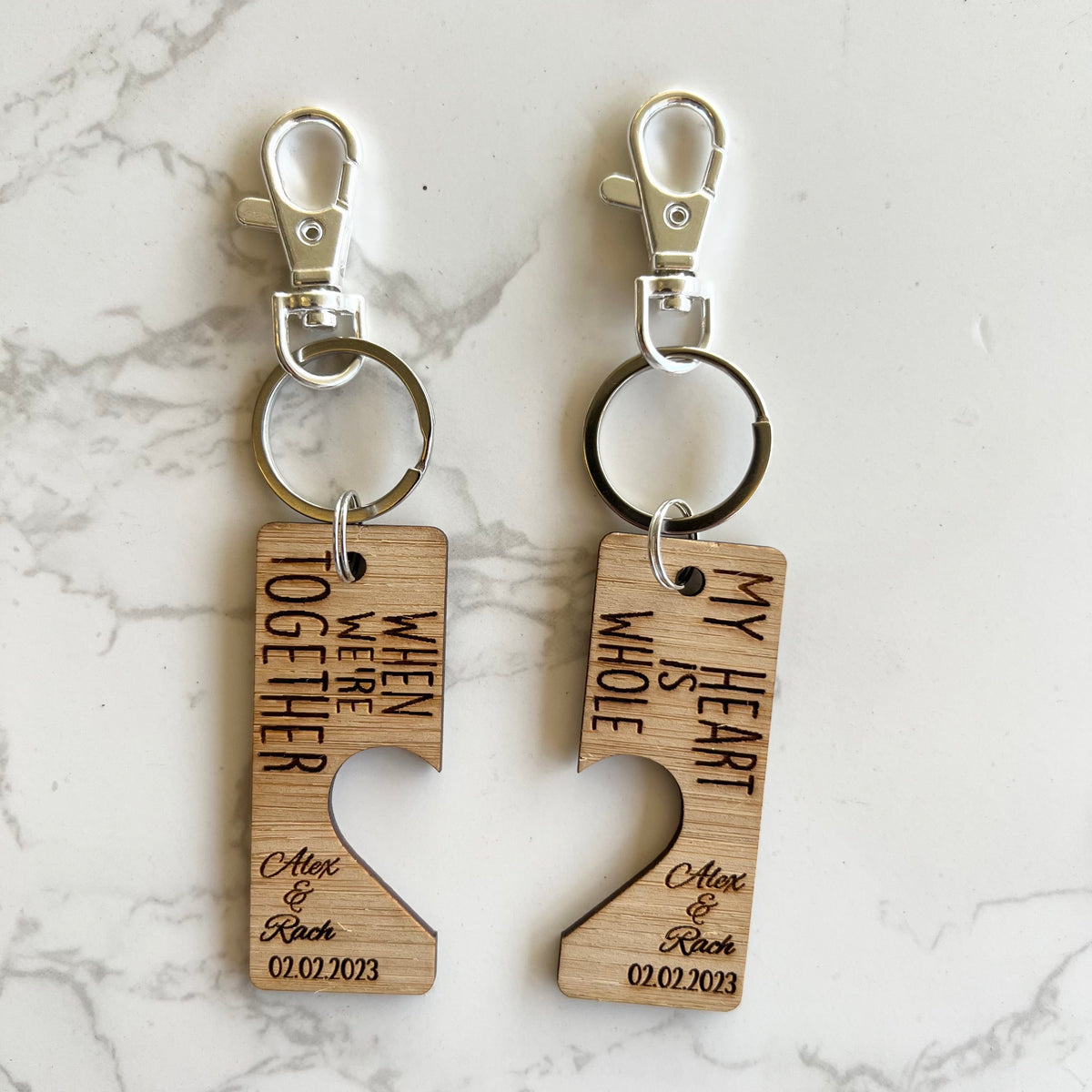 Personalised bamboo couples key ring – Engrave It Studio